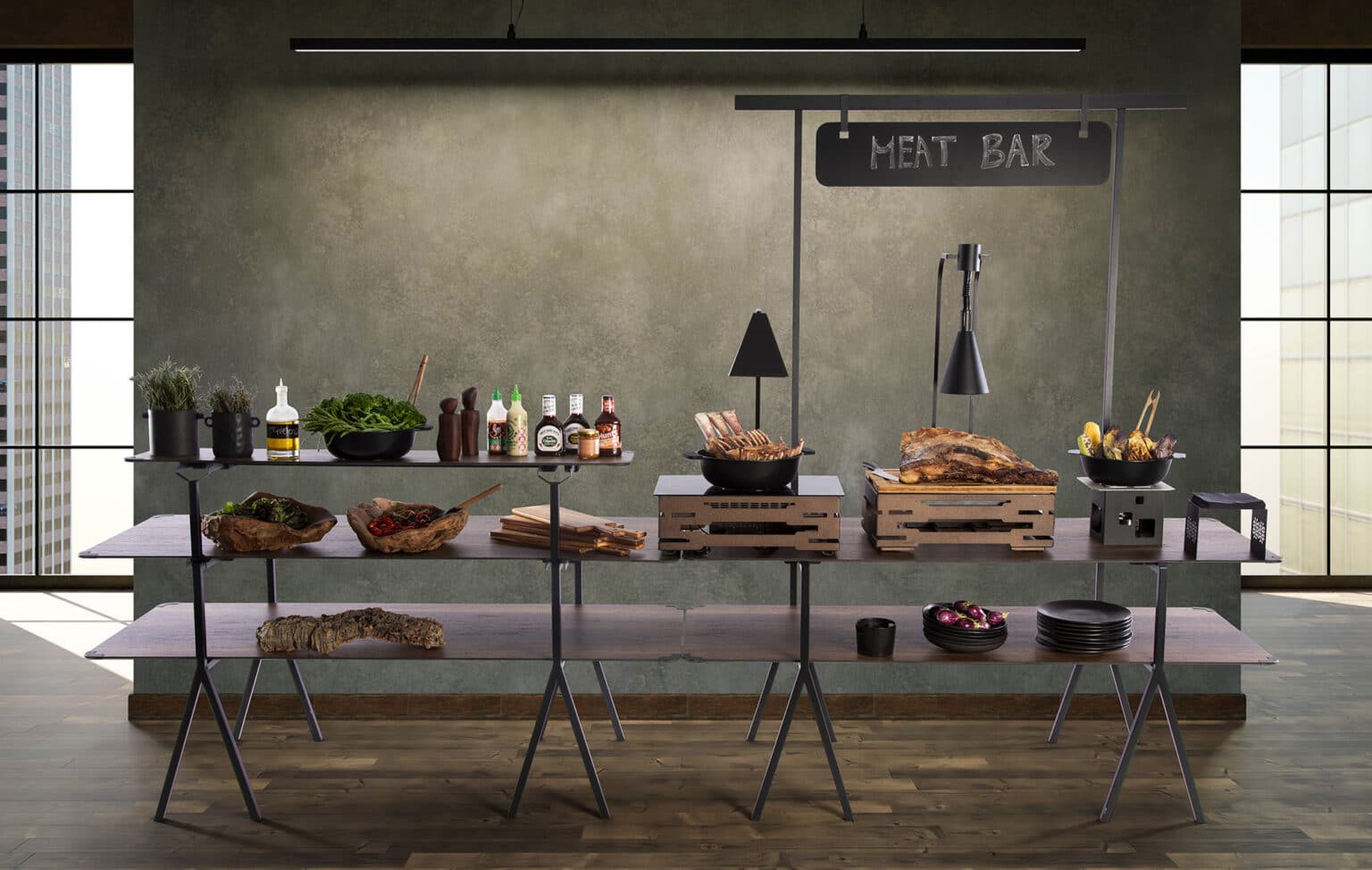 Modulite® 3 Level Kit, Walnut 2 Table Top, 1 Shelf, Stainless Steel ...