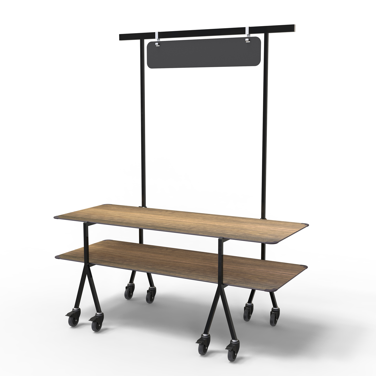 Modulite™ 2 Level Kit, Walnut 2 Tabletop, Chalkboard, Black Display Frame & Blk Legs with wheels ...